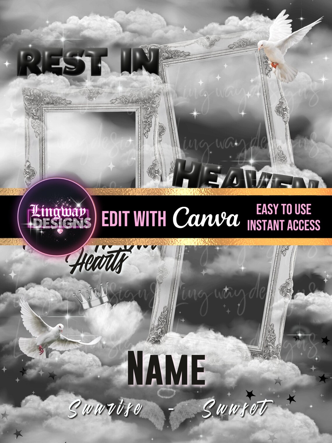 Black Sky Silver Frames Rest in Heaven Doves Angel Wings Memorial PNG ...