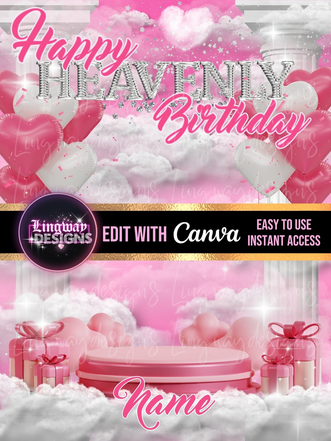 Pink Silver Happy Heavenly Birthday Stage Forever in Our Hearts Angel ...