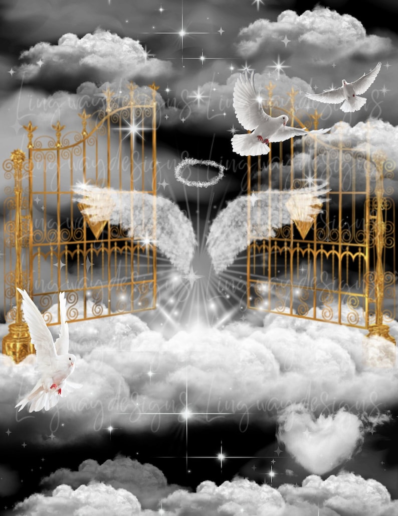 Black Sky Gold Heavens Gate Angel Wings Memorial PNG Add Photo Rest in ...