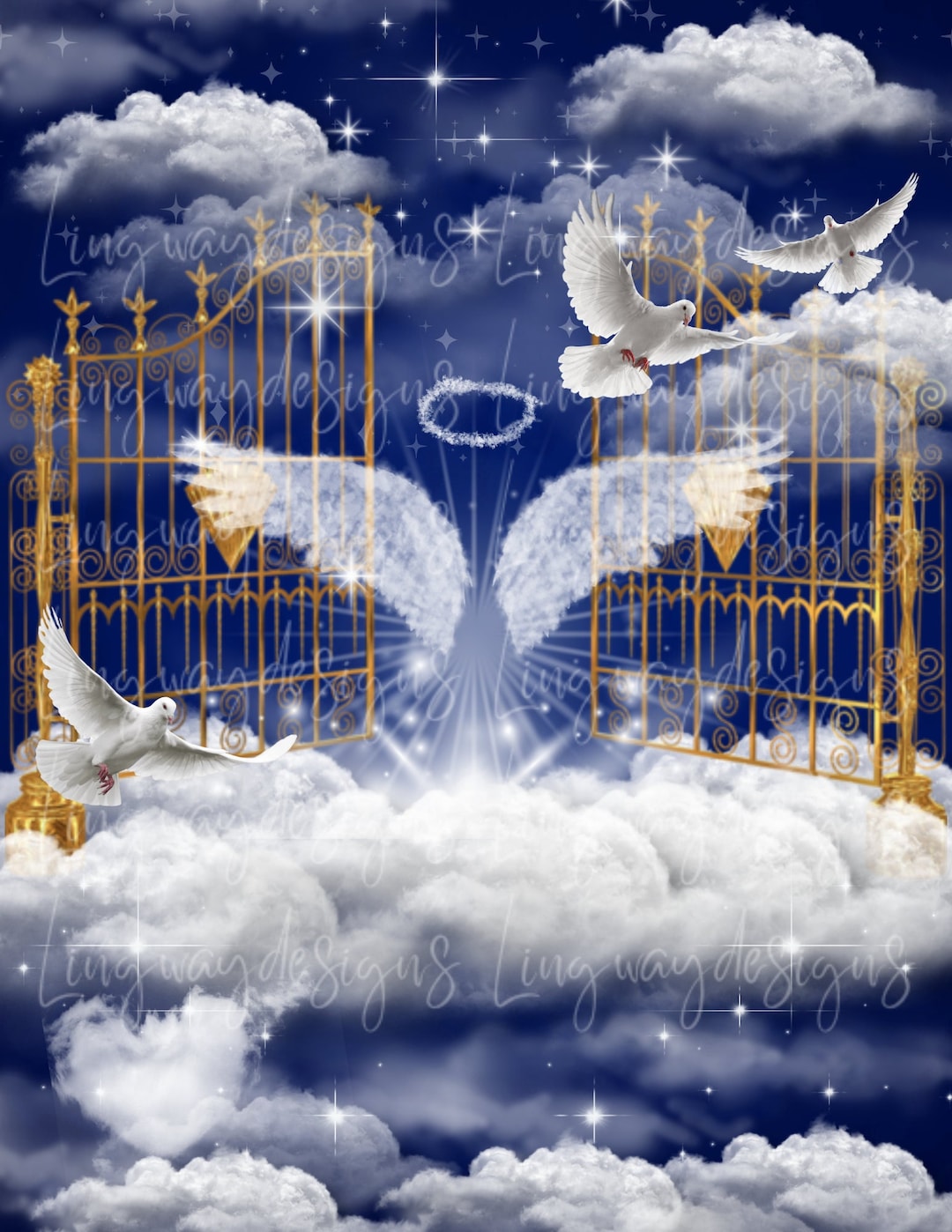 Navy Blue Sky Gold Heavens Gate Angel Wings Memorial PNG Add Photo Rest ...