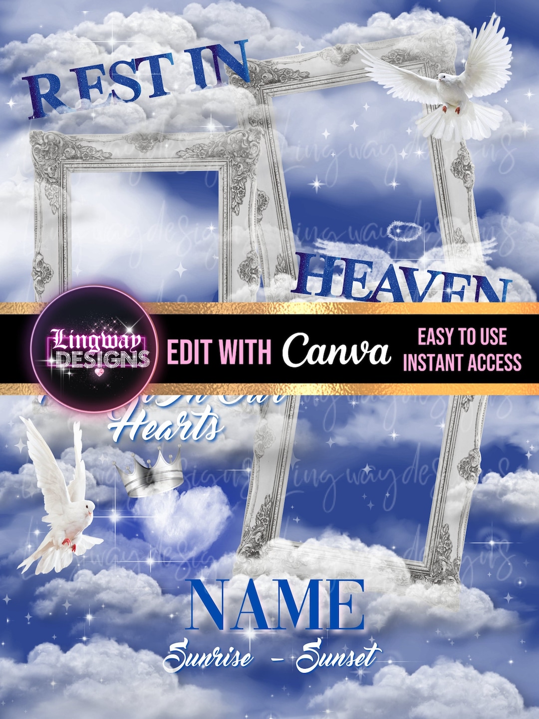Blue Sky Silver Frames Rest in Heaven Doves Angel Wings Memorial PNG ...