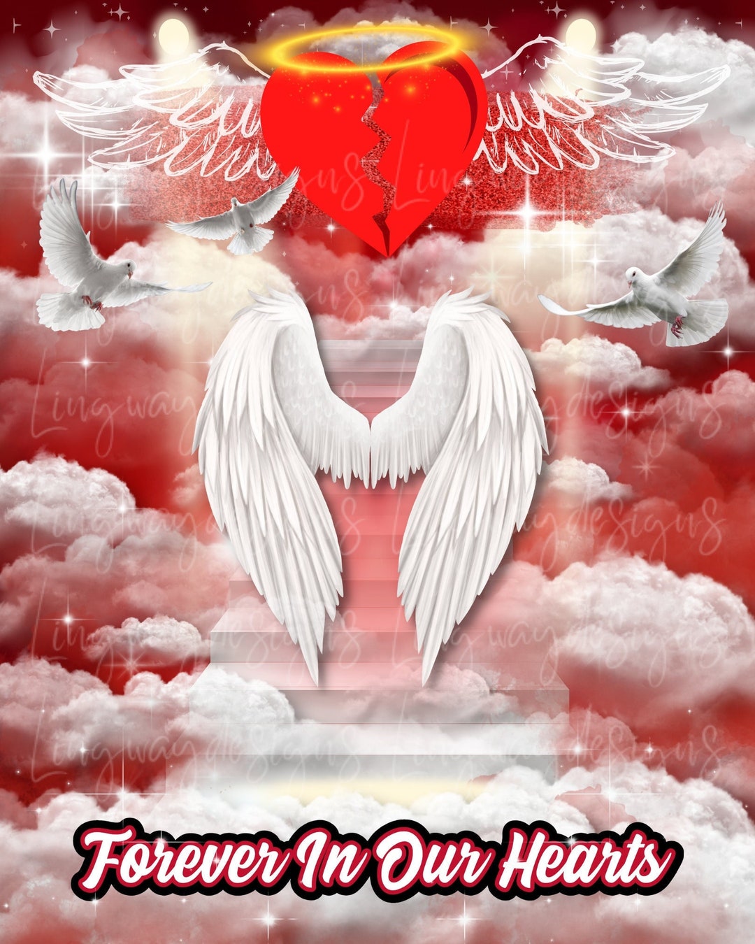 Red Sky Heavens Stairway Angel Wings Memorial Background PNG Add Photo ...