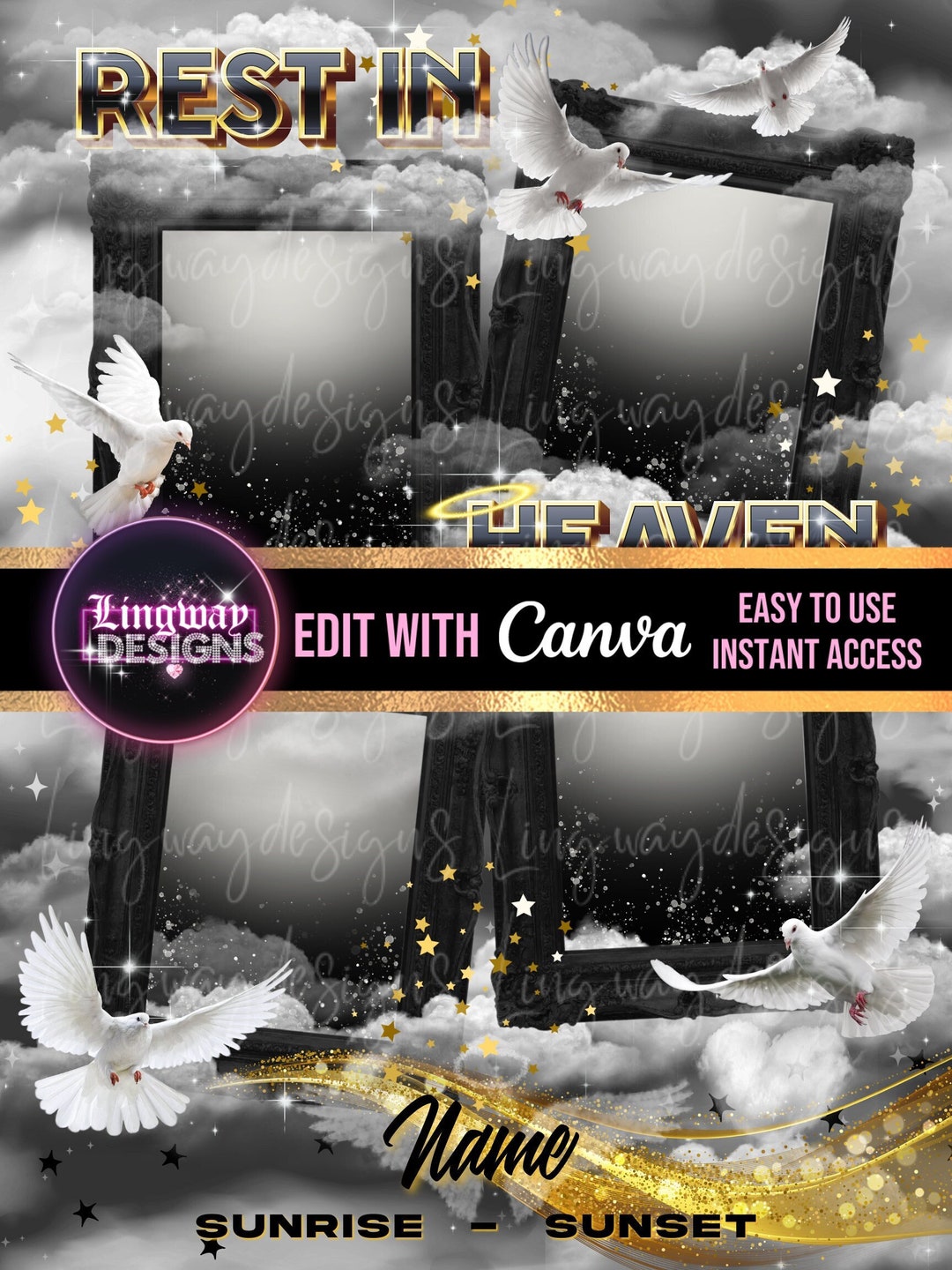 Black Sky Gold Heavens Frames Rest in Heaven Angel Wings PNG Add Photo ...