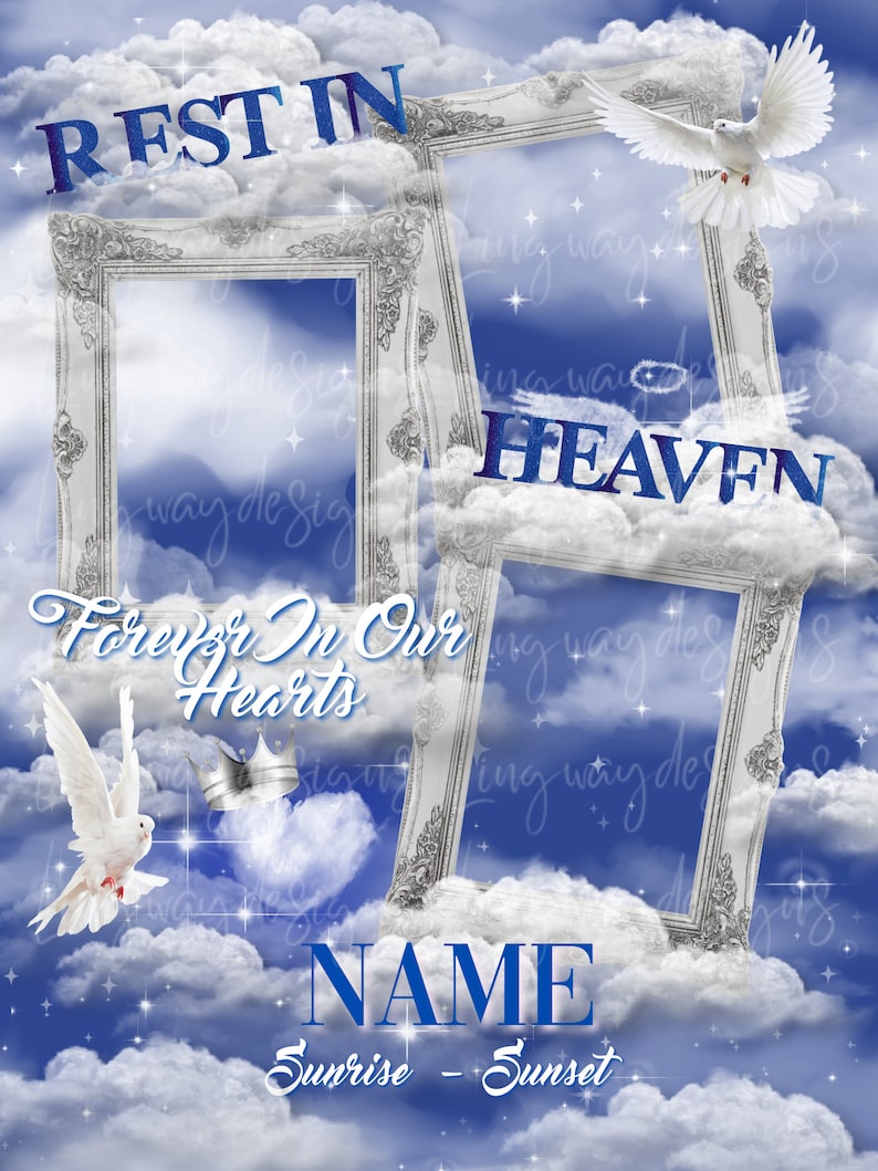 Blue Sky Silver Frames Rest in Heaven Doves Angel Wings Memorial PNG ...