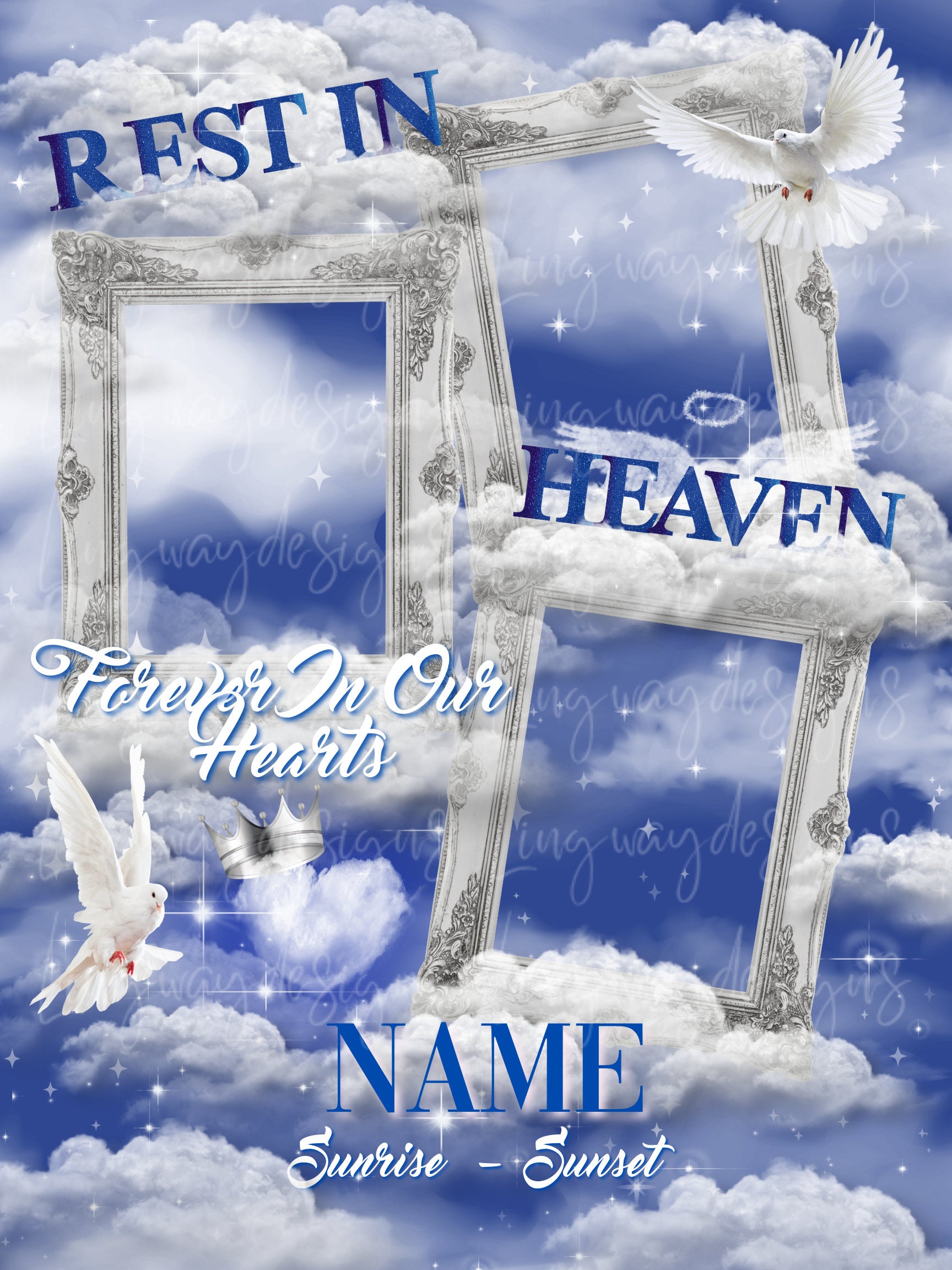 Blue Sky Silver Frames Rest in Heaven Doves Angel Wings Memorial PNG ...