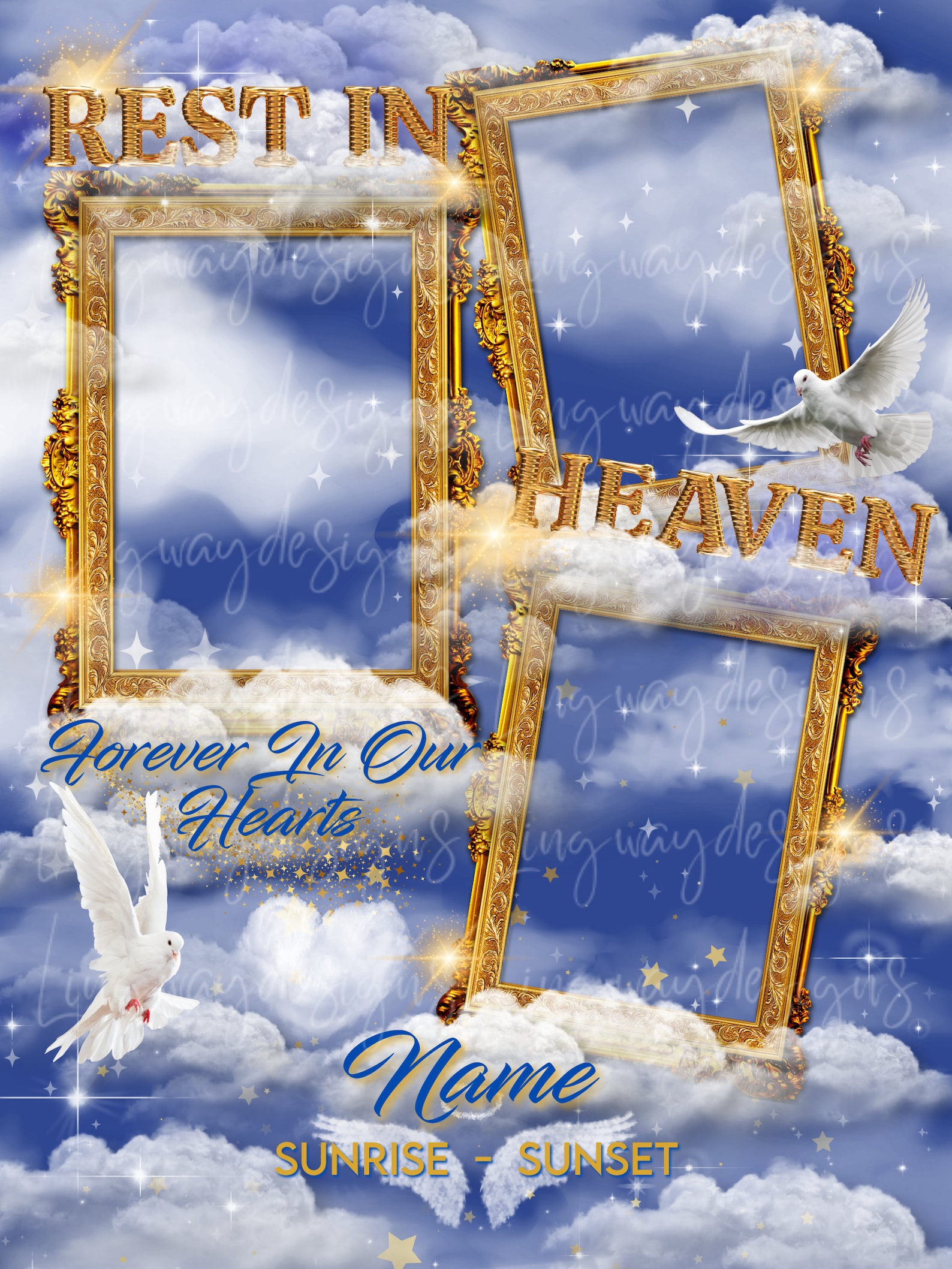 Blue Sky Gold Frames Rest in Heaven Doves Angel Wings Memorial PNG Add ...