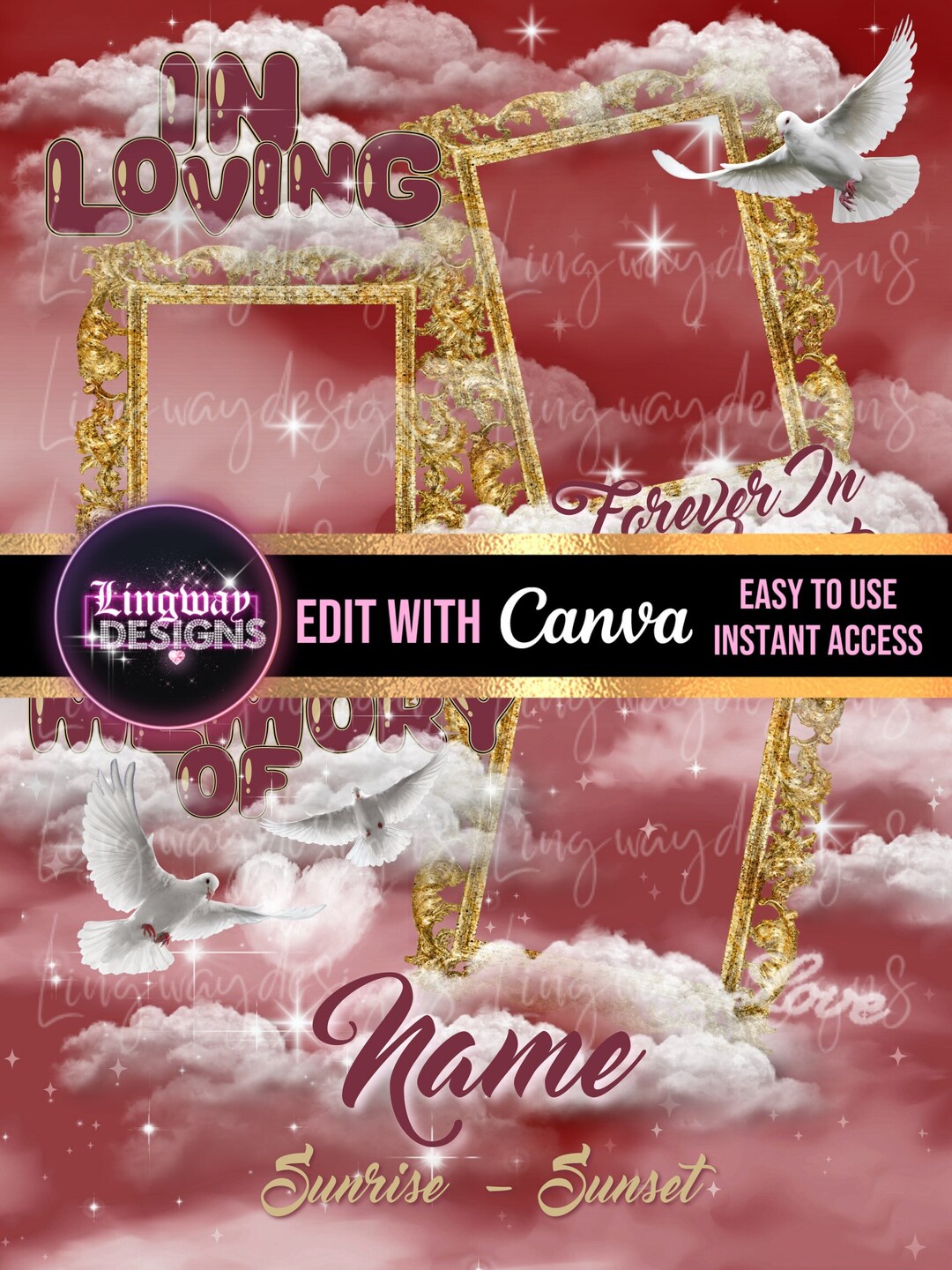 Burgundy Sky Gold Frames in Loving Memory Forever in Our Hearts Heavens ...