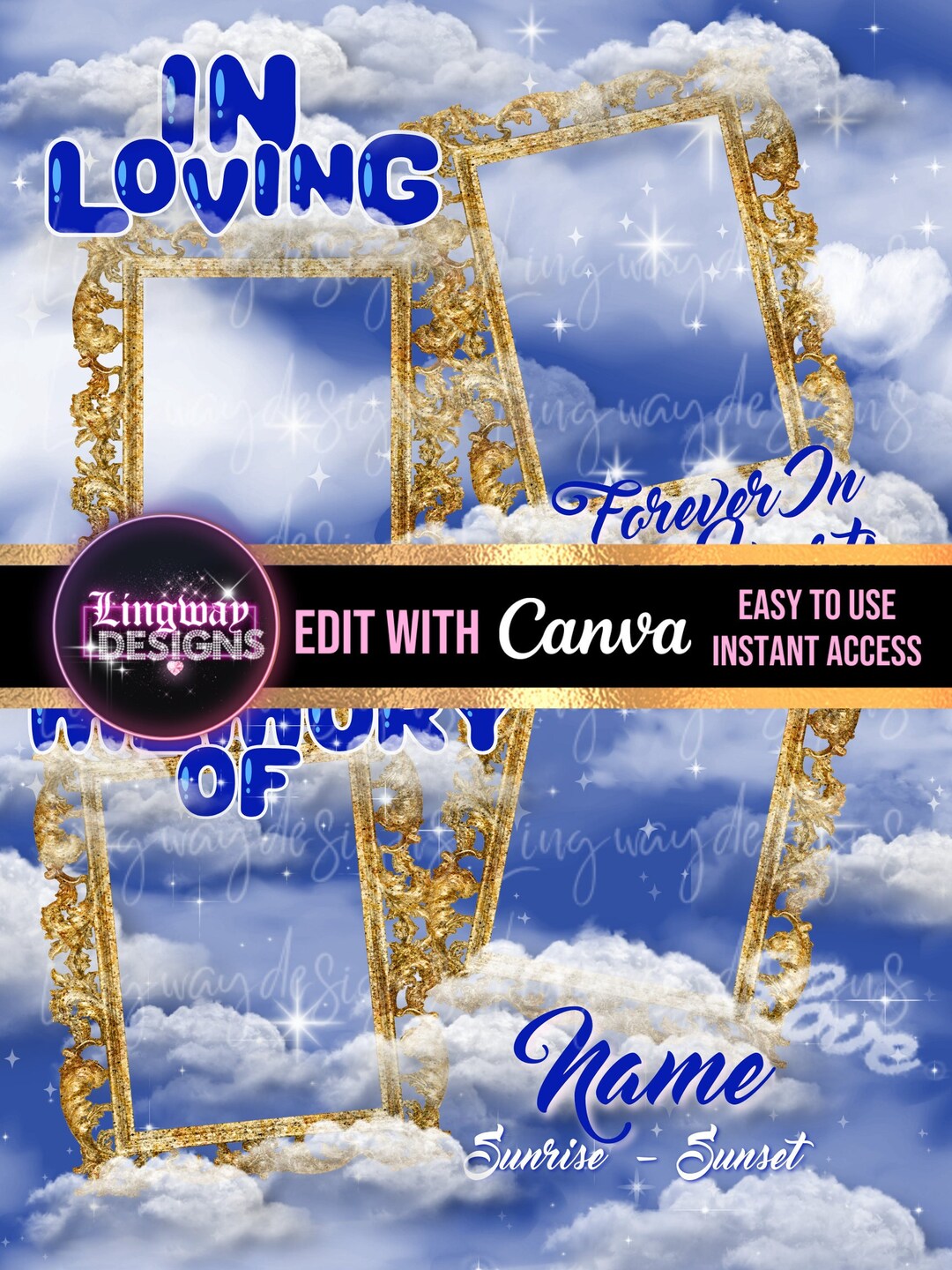 Blue Sky Gold Frames in Loving Memory Doves Angel Wings Memorial PNG ...