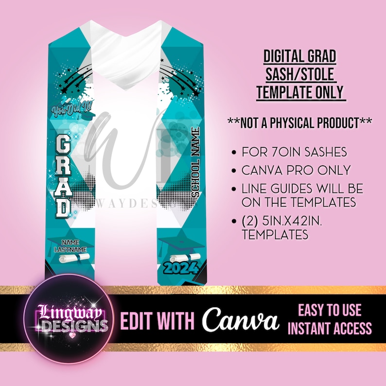 Teal White Graduation 2024 Stole Template Grad Sash Congratulations ADD ...