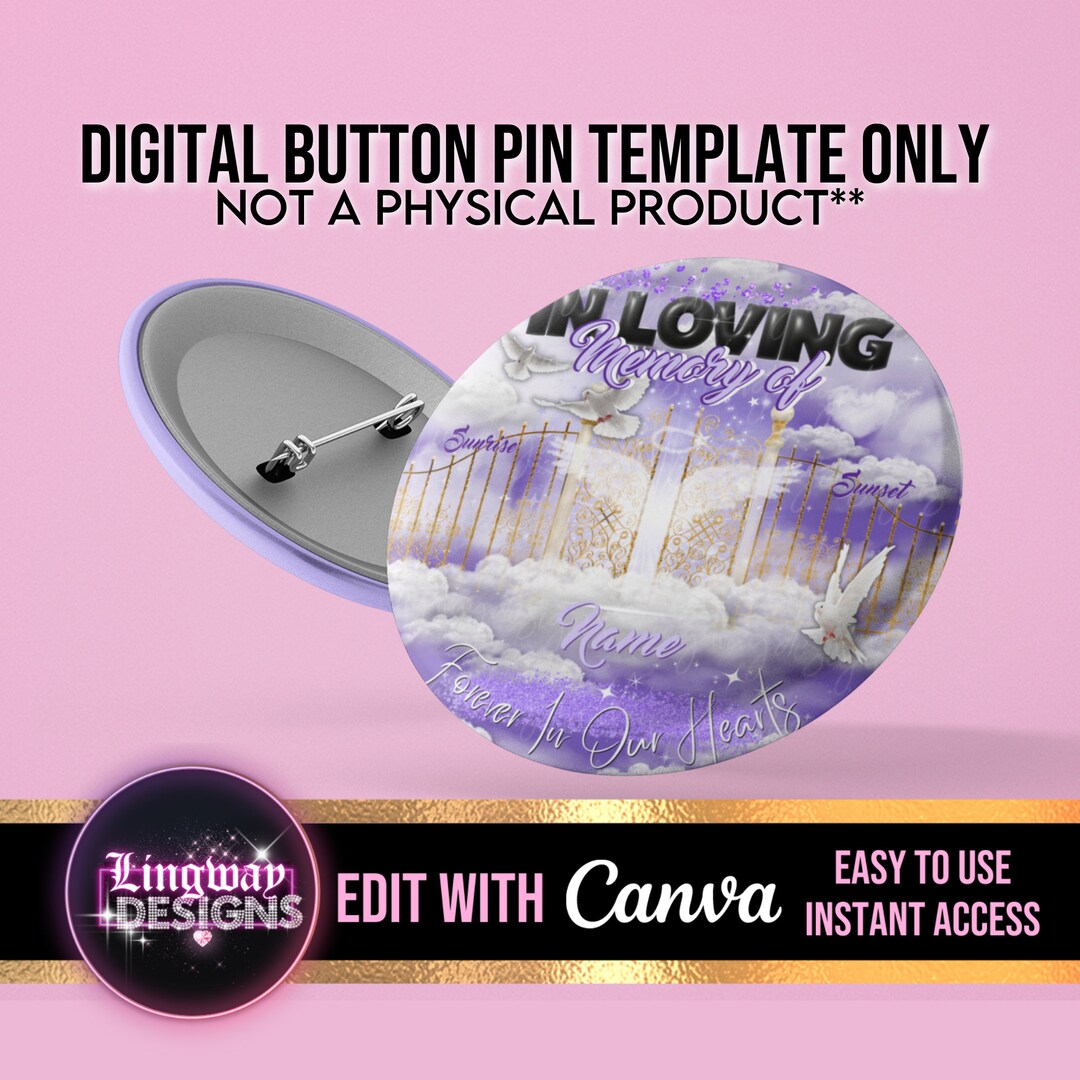 Purple Glam Heaven Gate in Loving Memory Template Memorial Button Pin ...