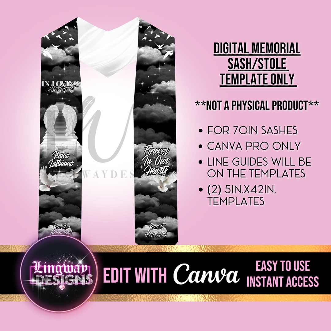 Black in Loving Memory Heaven Memorial Sash Stole Template Keepsake ...