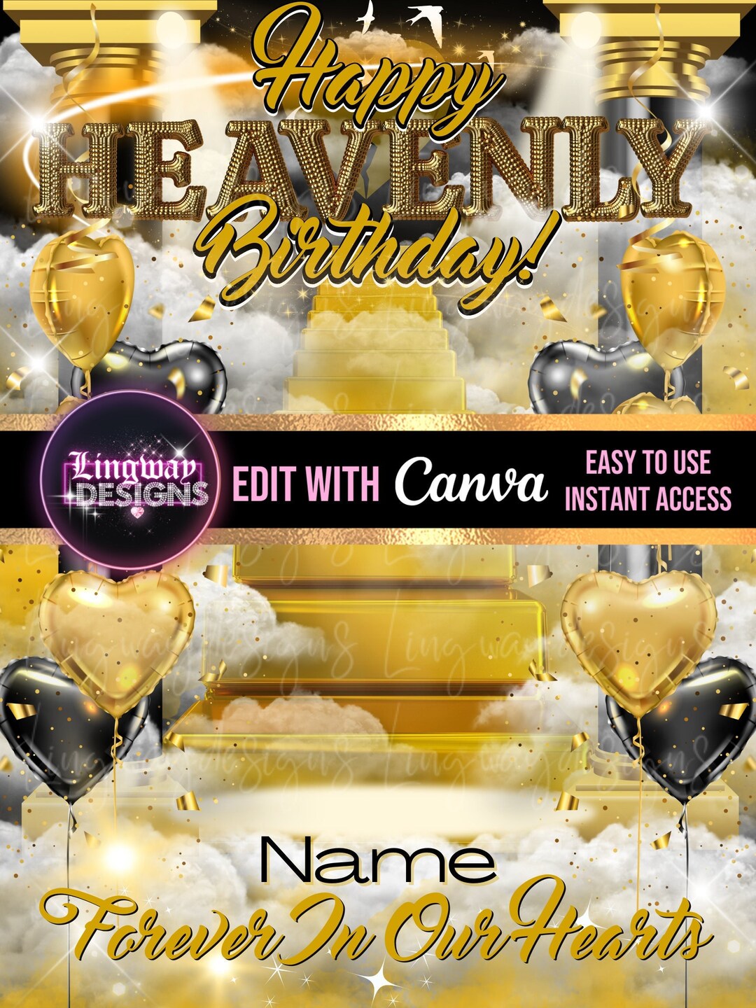 Gold 24k Heavenly Birthday Stairs Balloons Angel Memorial PNG Add Photo ...