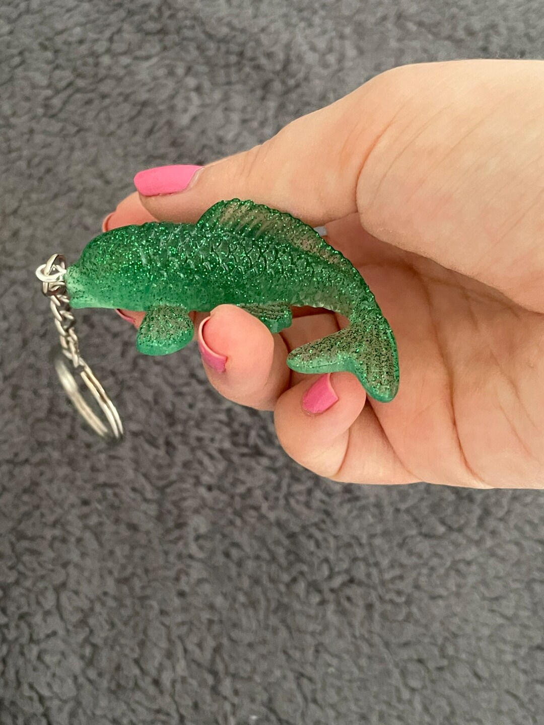 Koi Fish Handmade Epoxy Resin Keyring, Large, Dark Green Fine Glitter ...