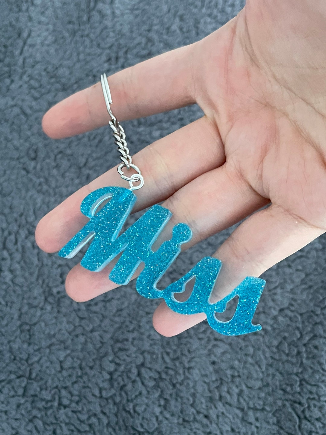 Word Handmade Epoxy Resin Keyring, Miss, Turquoise Fine Glitter - Etsy