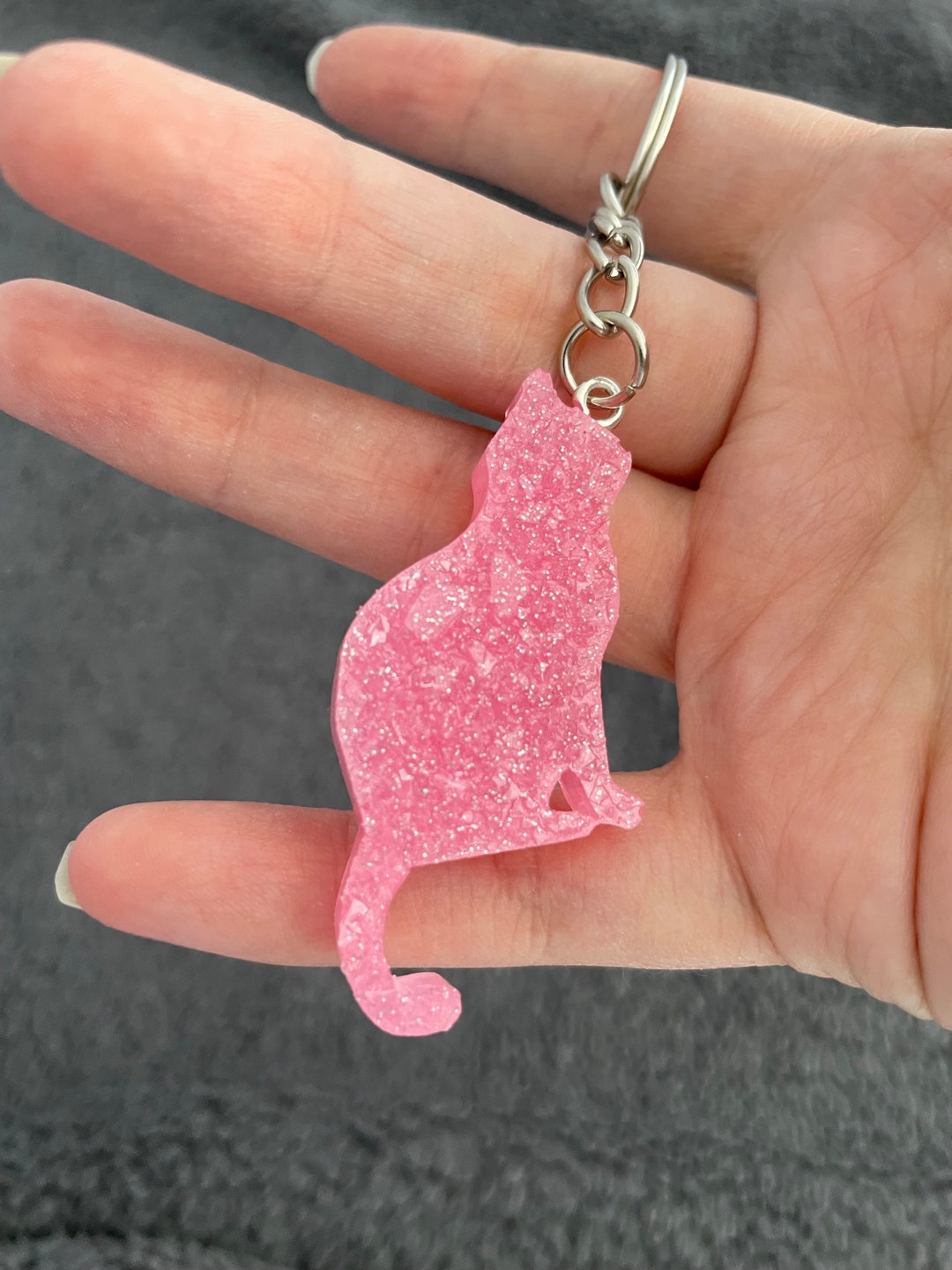 Cat Handmade Epoxy Resin Keyring, Textured, Light Pink Fine Glitter - Etsy
