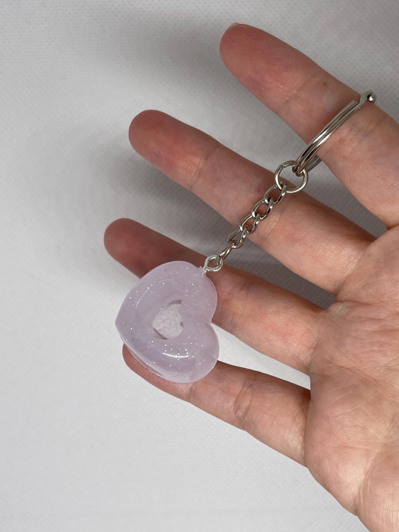 Very Light Purple and Silver Sparkly Handmade Epoxy Resin Heart Keyring ...