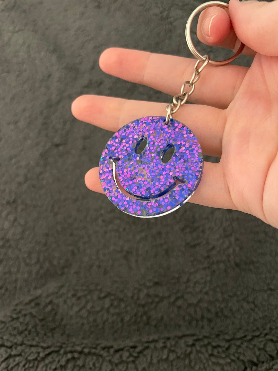 Smiley Face Handmade Epoxy Resin Keyring, Purple Chunky Glitter - Etsy