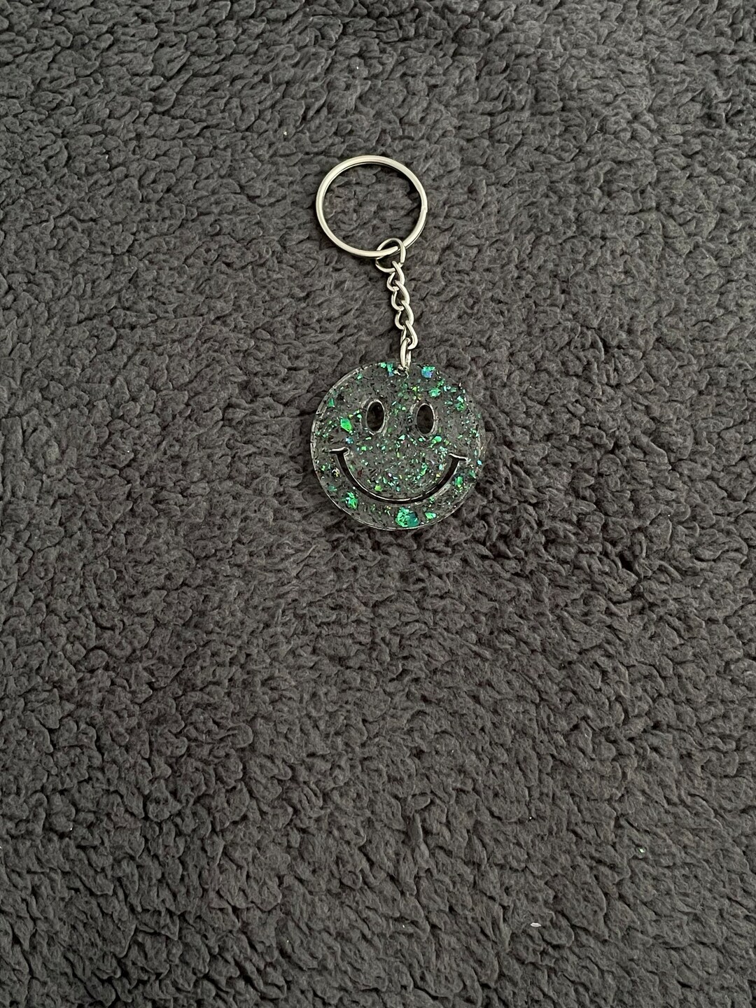 Smiley Face Handmade Epoxy Resin Keyring, Green and Purple Glitter ...