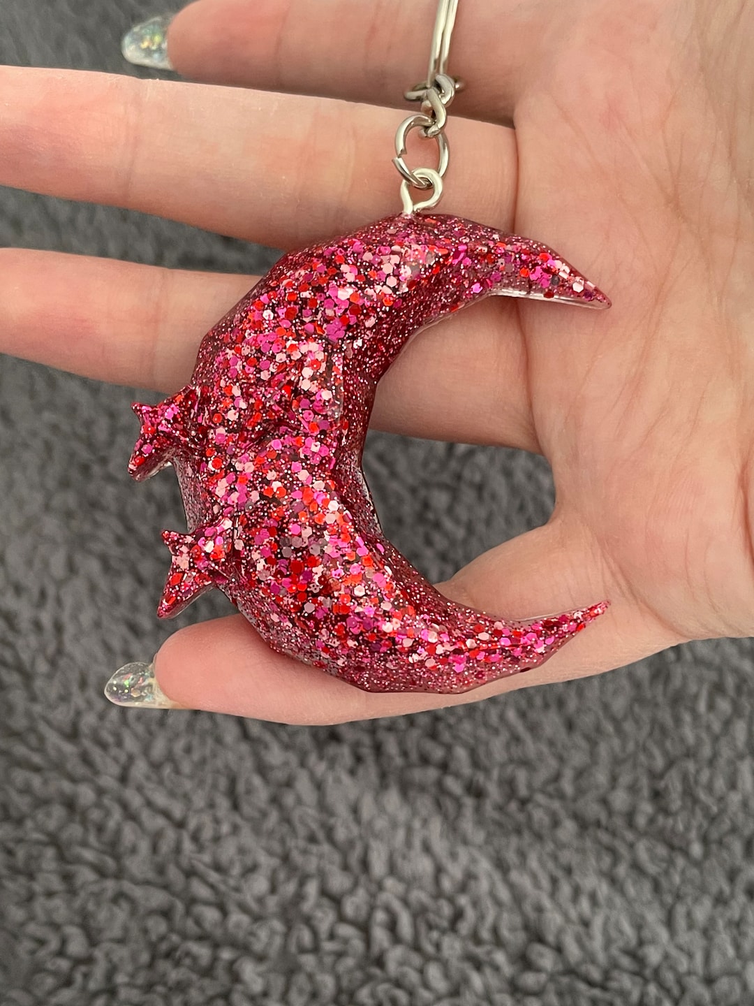 Moon and Stars Handmade Epoxy Resin Keyring, Pink and Silver Chunky ...