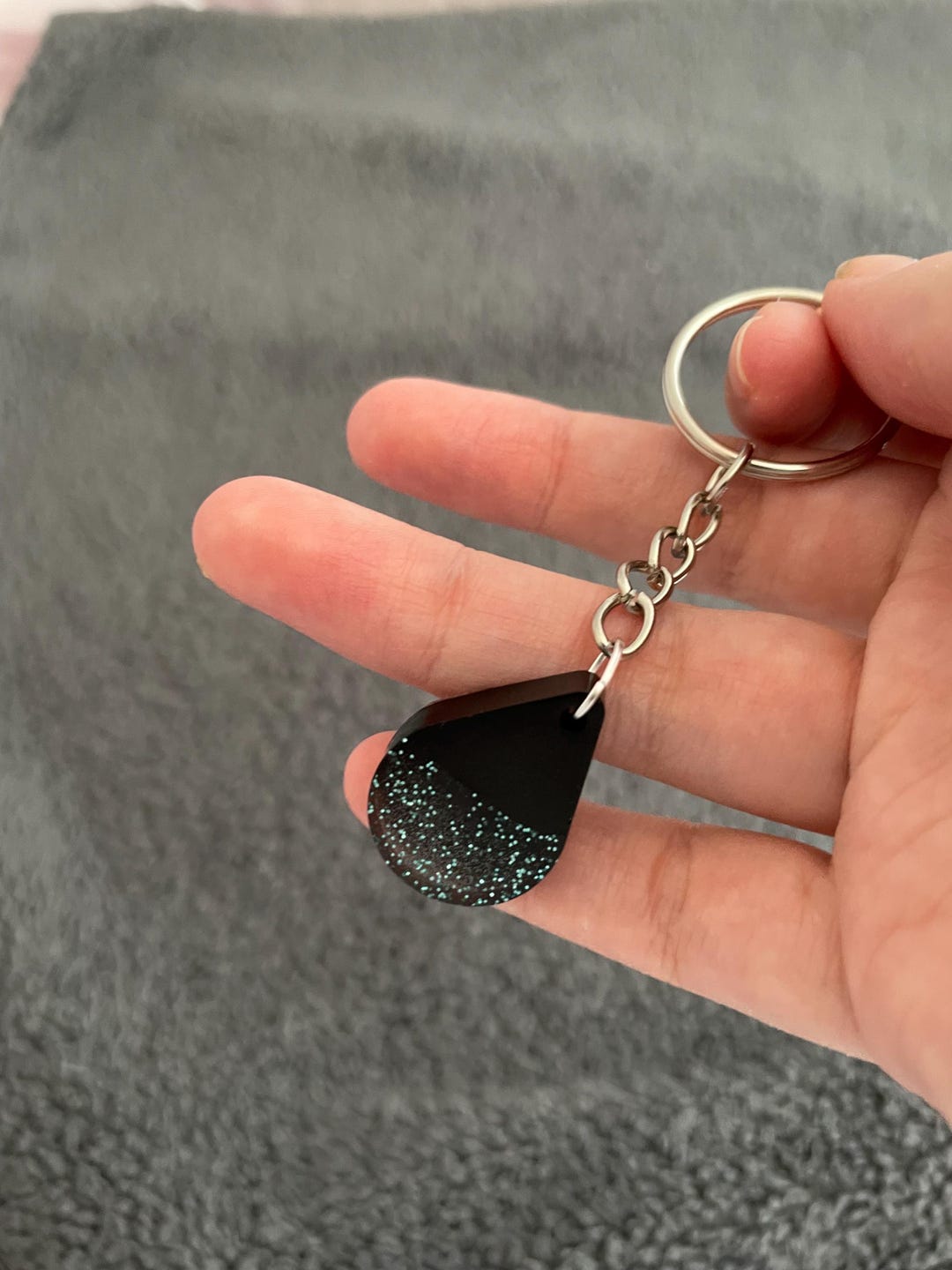 Teardrop Handmade Epoxy Resin Keyring, Small, Black With Turquoise Fine ...