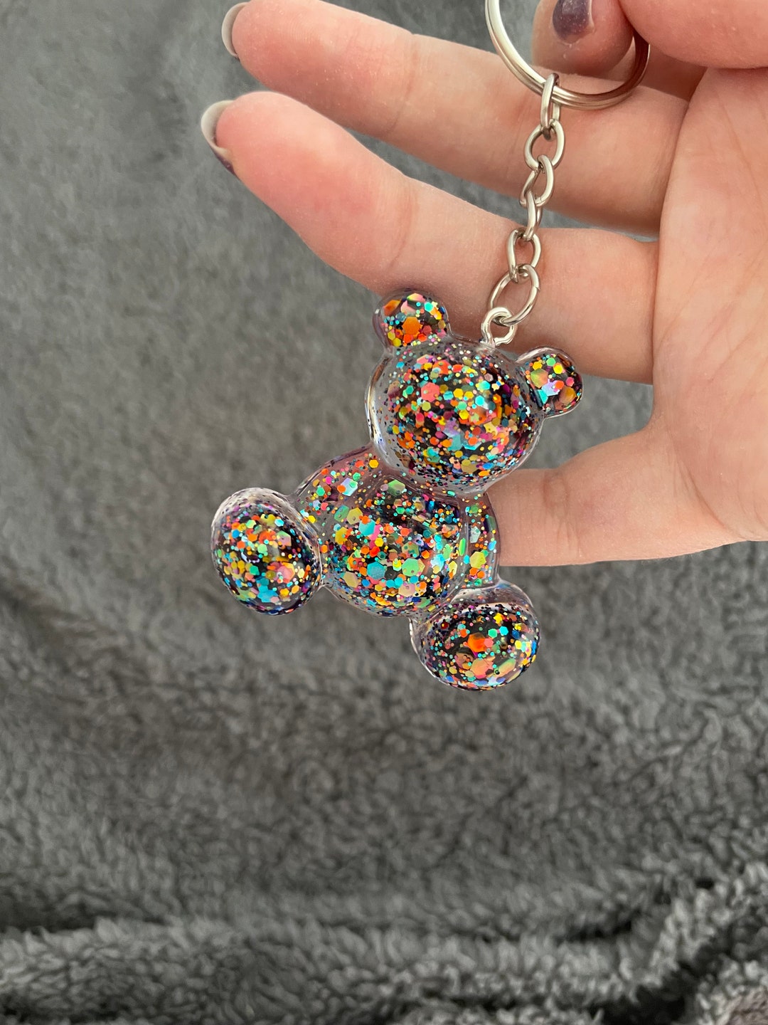 Teddy Bear Handmade Epoxy Resin Keyring, Medium, Sitting, Multicoloured ...