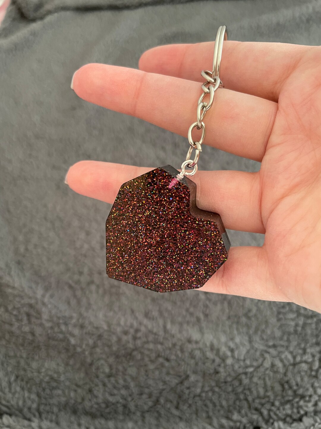 Heart Handmade Epoxy Resin Keyring, Geometric, Pink Fine Glitter and ...