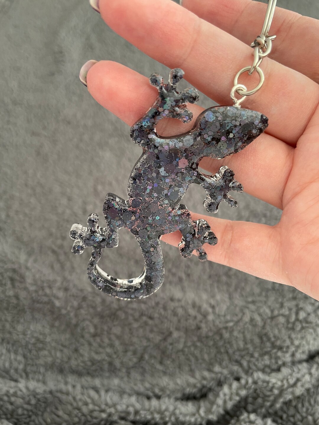 Lizard Handmade Epoxy Resin Keyring, Medium, Black Chunky Glitter - Etsy