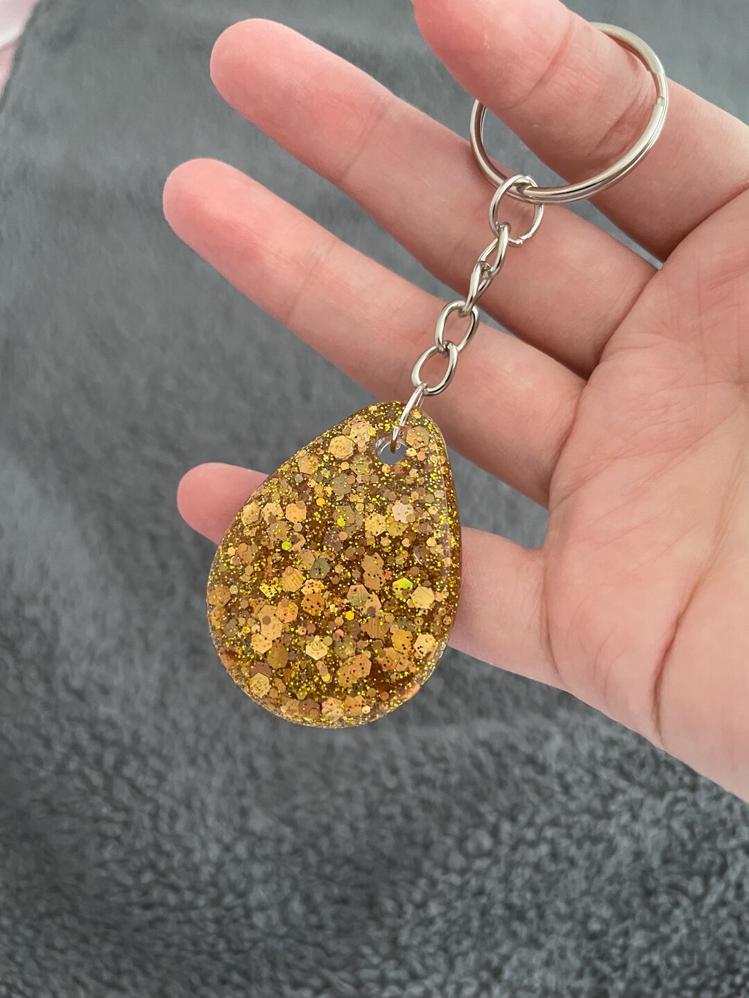 Teardrop Handmade Epoxy Resin Keyring, Medium, Gold Chunky Glitter - Etsy
