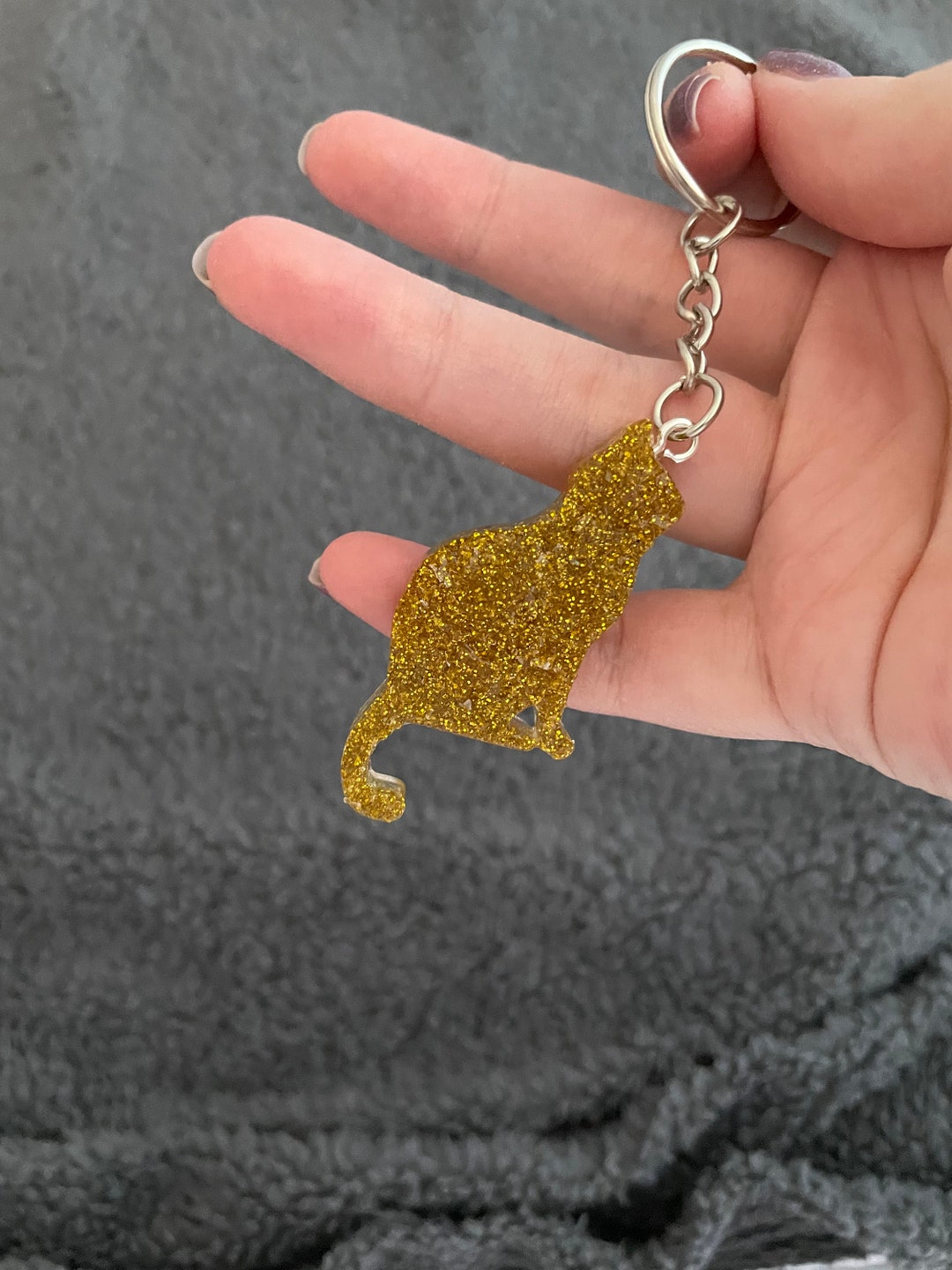 Cat Handmade Epoxy Resin Keyring, Textured, Gold Fine Glitter - Etsy