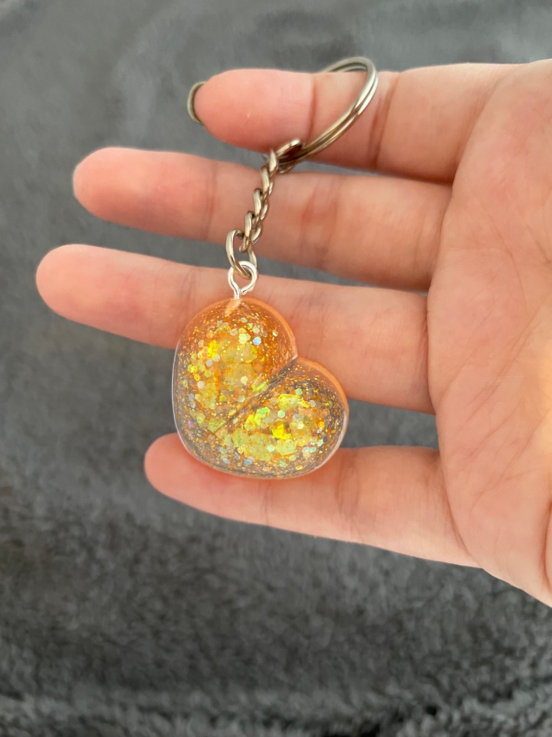 Heart Handmade Epoxy Resin Keyring, Medium, Translucent Orange Chunky ...