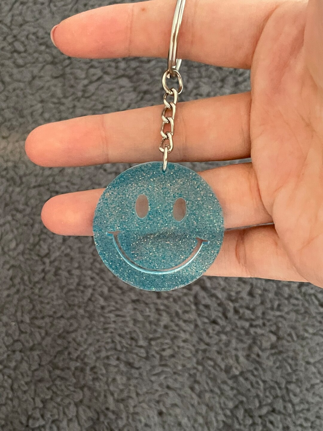 Smiley Face Handmade Epoxy Resin Keyring, Blue Fine Glitter - Etsy