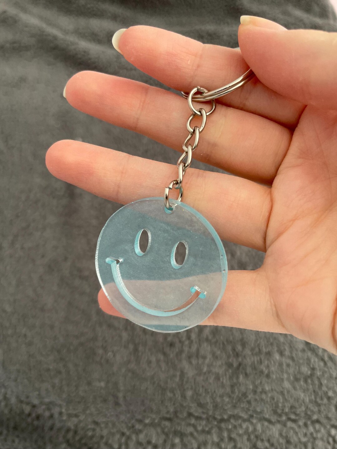 Smiley Face Handmade Epoxy Resin Keyring, IMPERFECT, Light Blue Shimmer ...