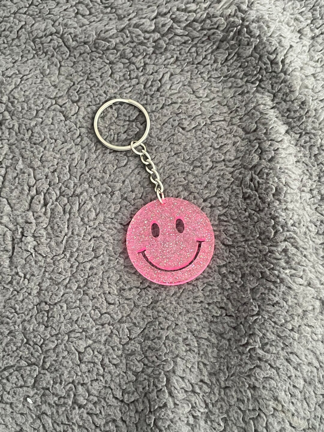 Smiley Face Handmade Epoxy Resin Keyring, Bright Pink Fine Glitter - Etsy