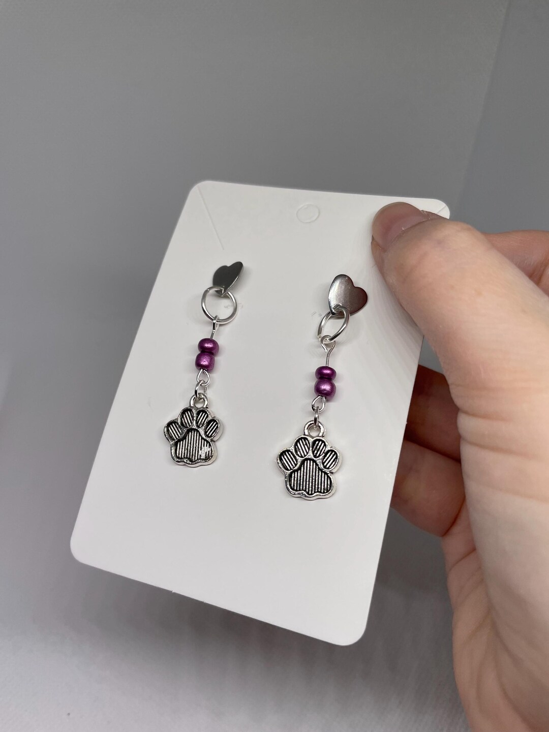 Silver and Purple Hand Beaded Paw Print Drop Earrings - Etsy