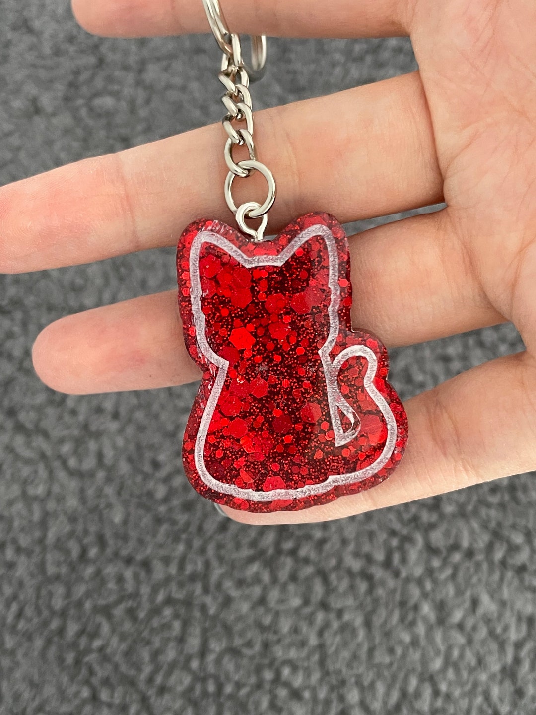 Cat Handmade Epoxy Resin Keyring, Silhouette, Red Chunky Glitter - Etsy
