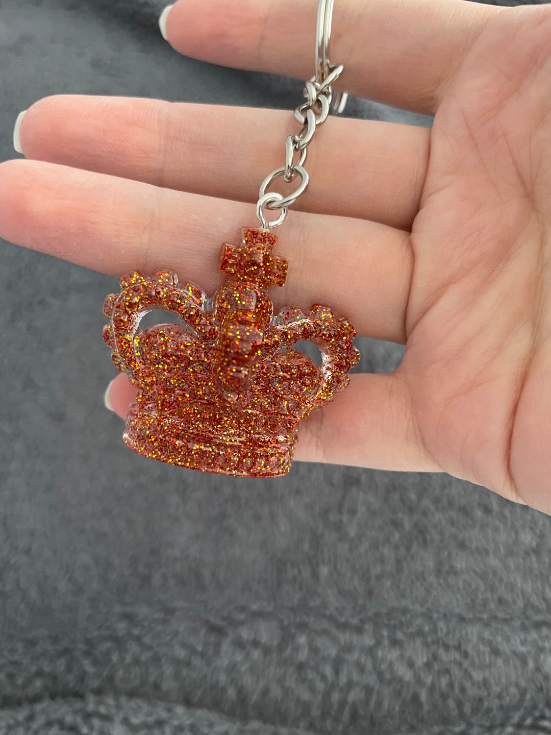 Crown Handmade Epoxy Resin Keyring, Large, Dark Orange Fine Glitter - Etsy