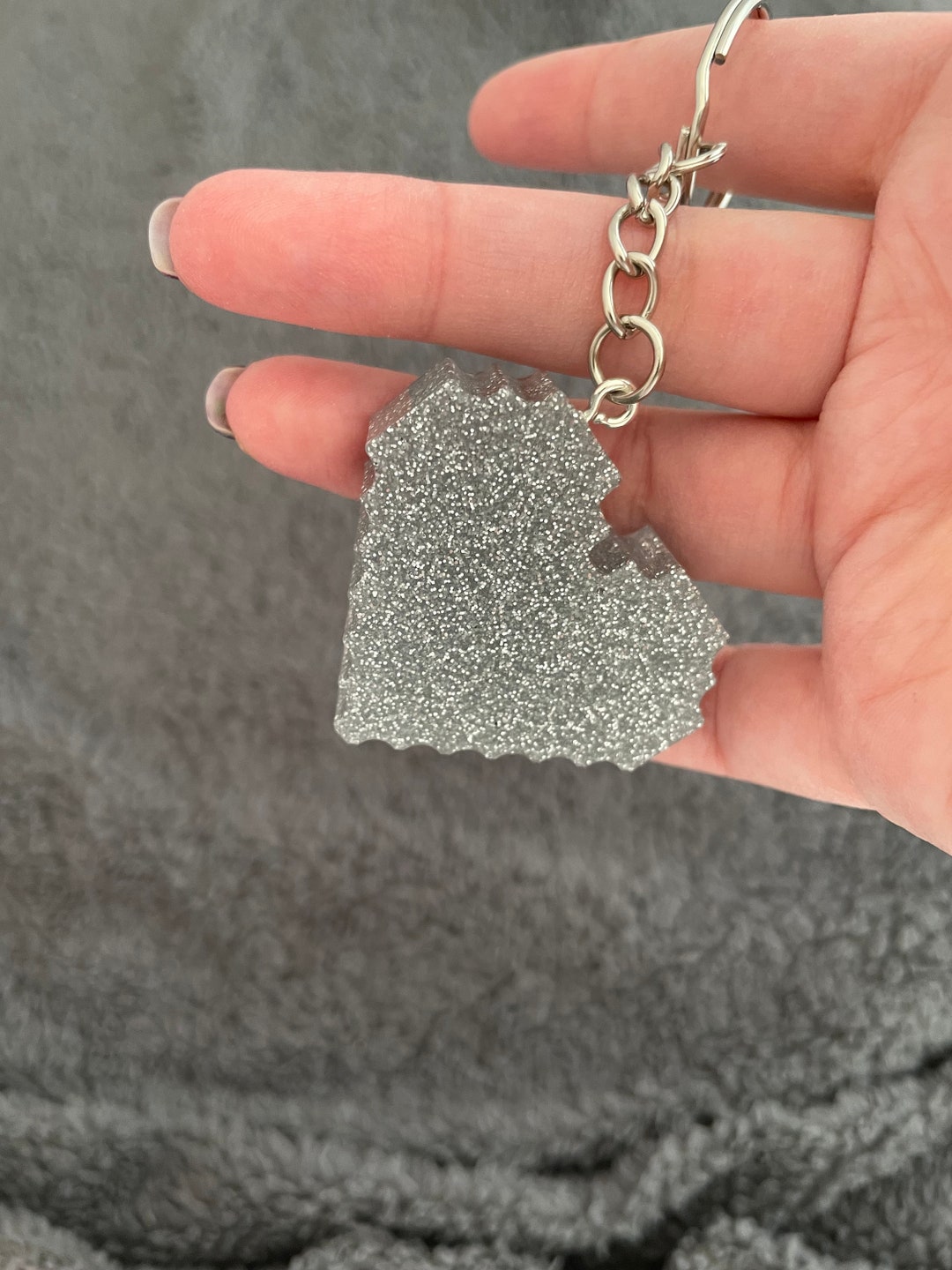 Heart Handmade Epoxy Resin Keyring, Geometric, Silver Fine Glitter - Etsy