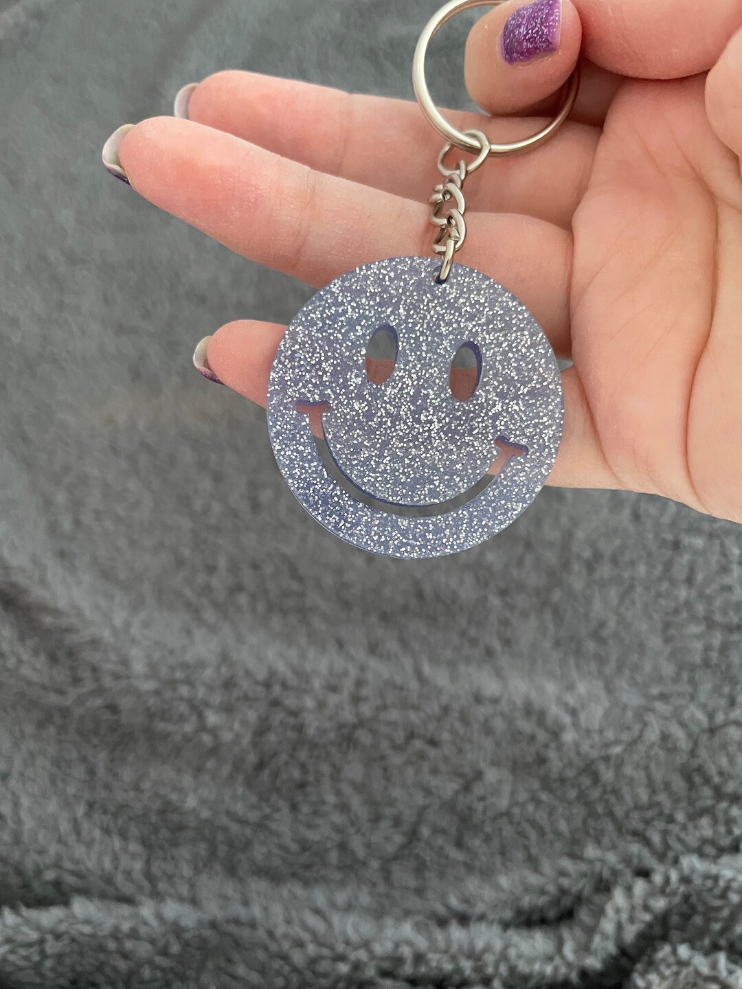 Smiley Face Handmade Epoxy Resin Keyring, Purple and Silver Fine ...
