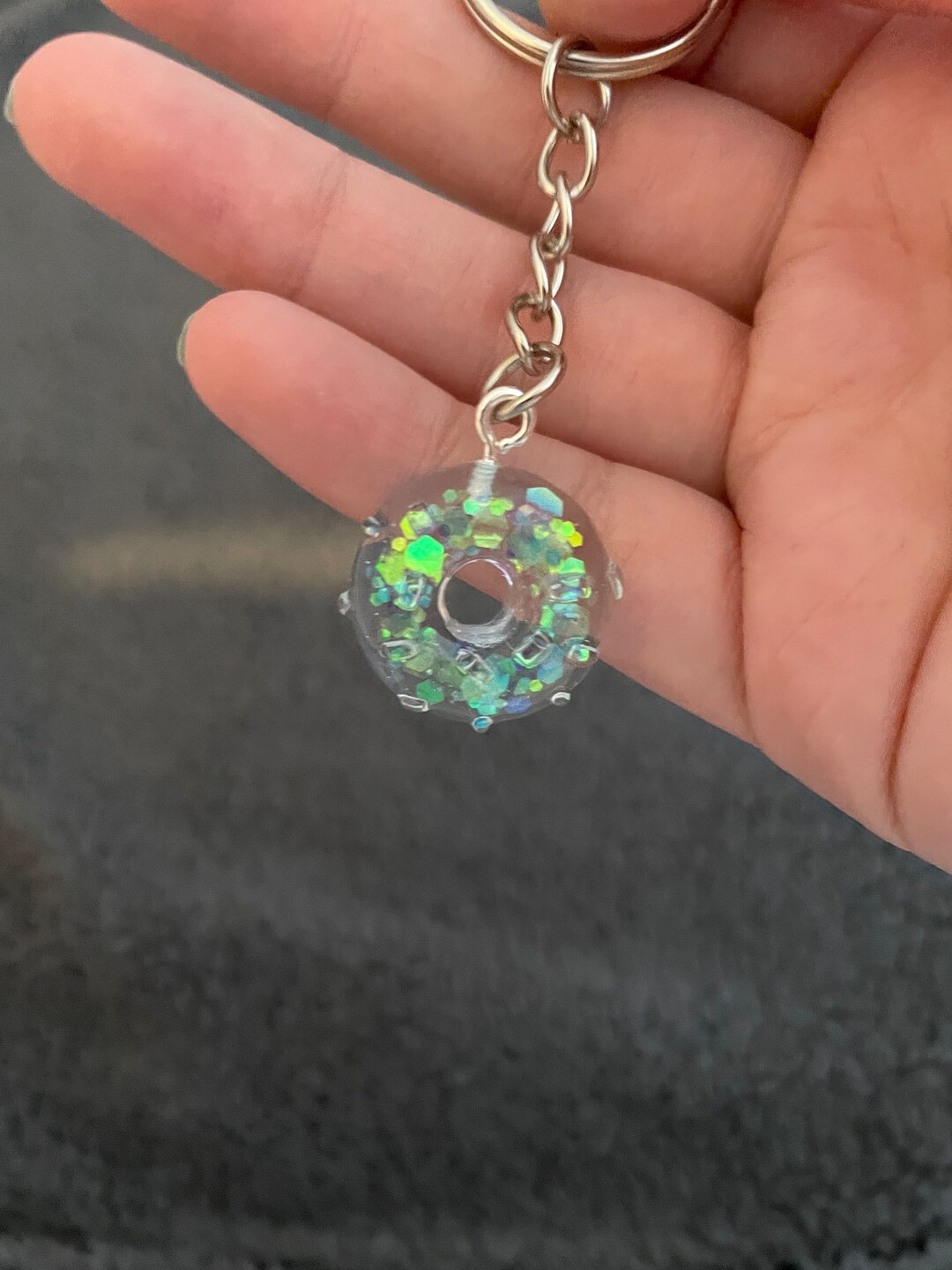 Donut Handmade Epoxy Resin Keyring, Small, Holographic Blue Chunky ...