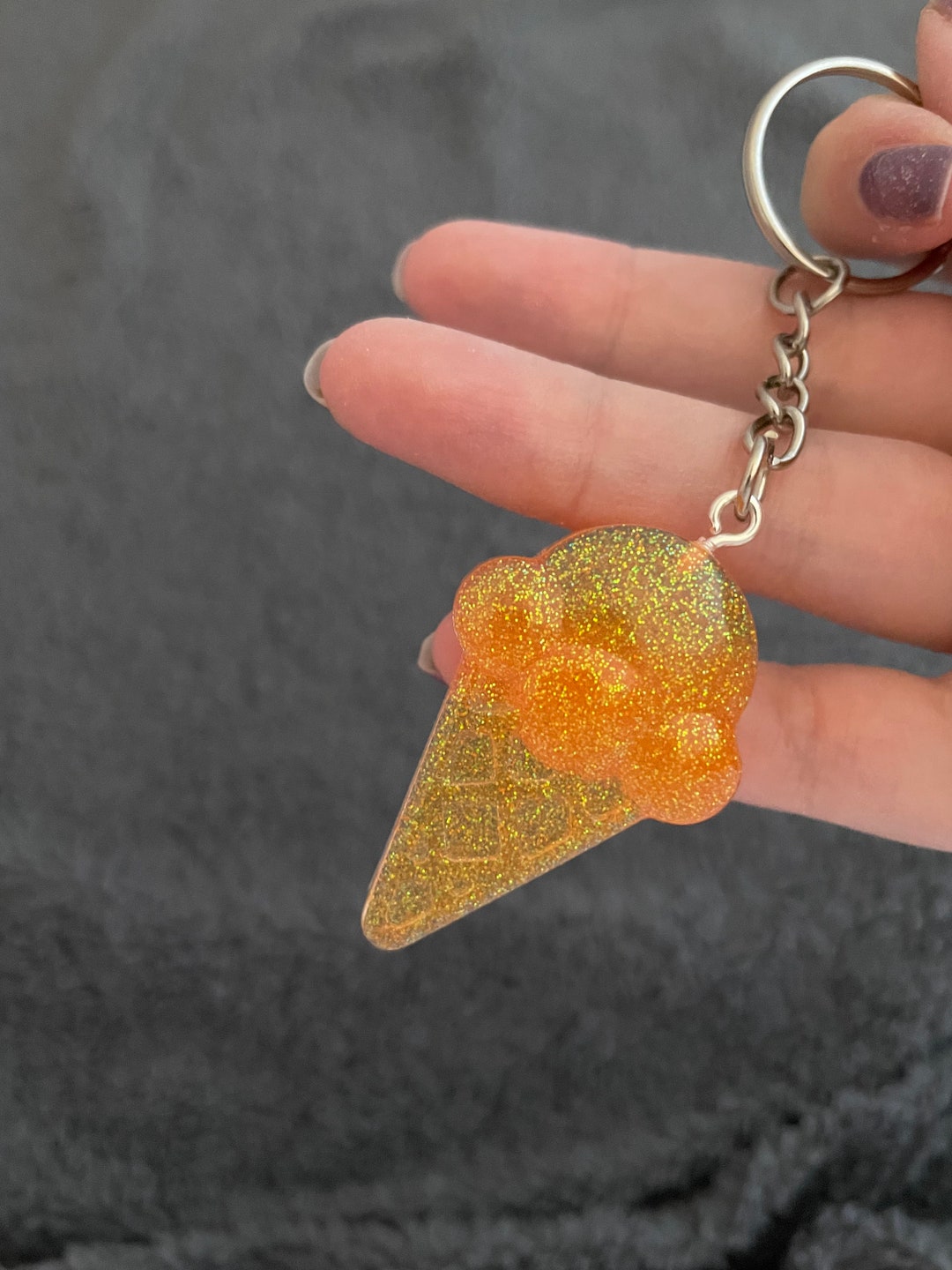 Ice Cream Handmade Epoxy Resin Keyring, Large, Orange Fine Glitter - Etsy