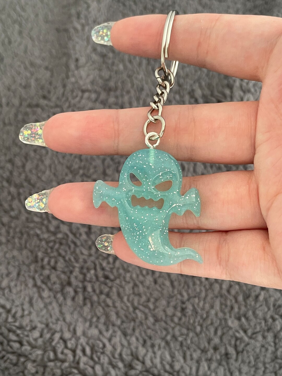 Ghost Handmade Epoxy Resin Keyring, Medium, Light Blue and Silver Fine ...