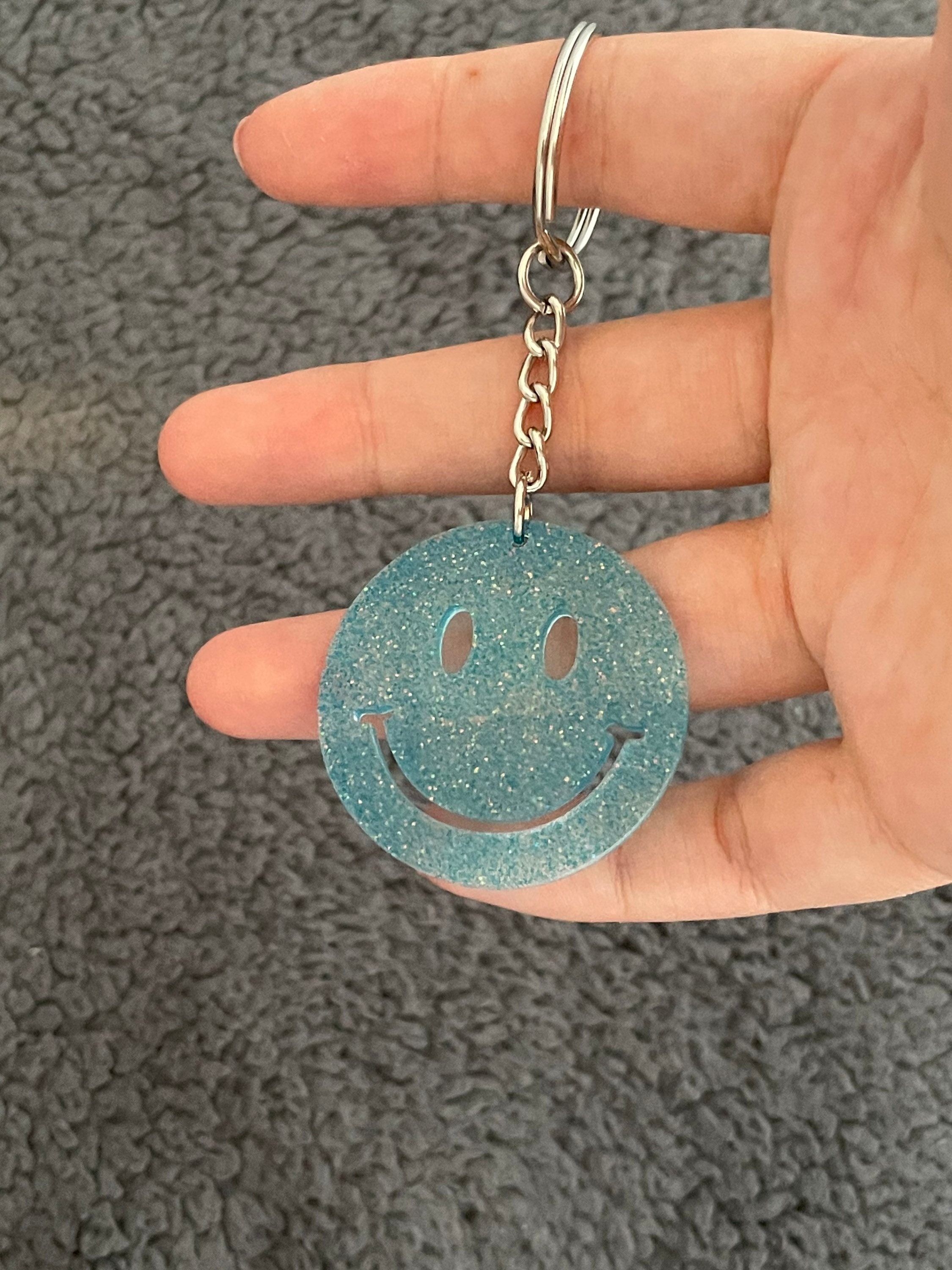 Smiley Face Handmade Epoxy Resin Keyring, Blue Fine Glitter - Etsy