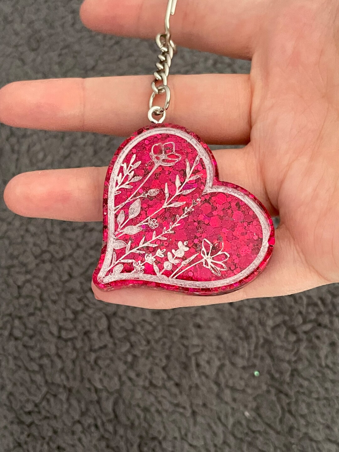 Heart Handmade Epoxy Resin Keyring, Floral, Bright Pink Fine Glitter ...
