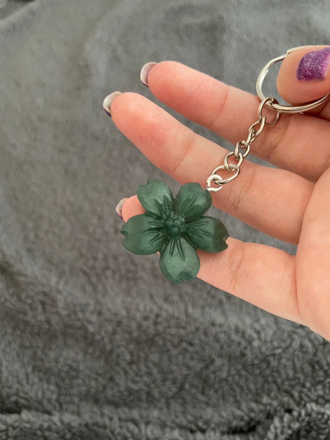 Flower Handmade Epoxy Resin Keyring, Medium, Matte, Dark Green Shimmer ...