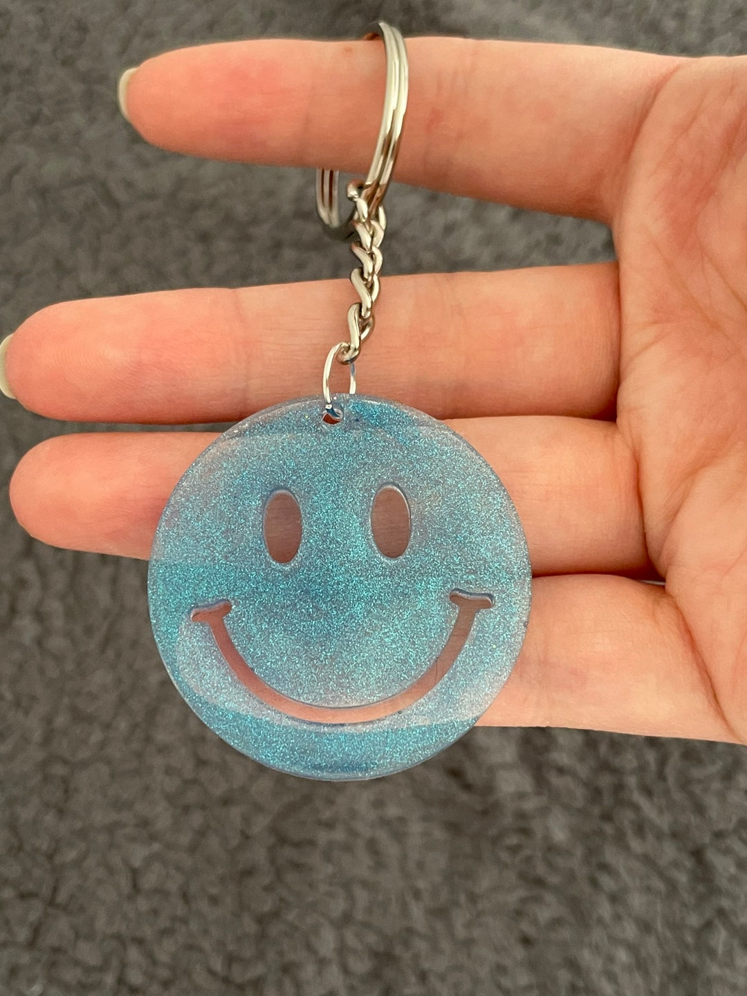 Smiley Face Handmade Epoxy Resin Keyring, Blue Shimmer - Etsy
