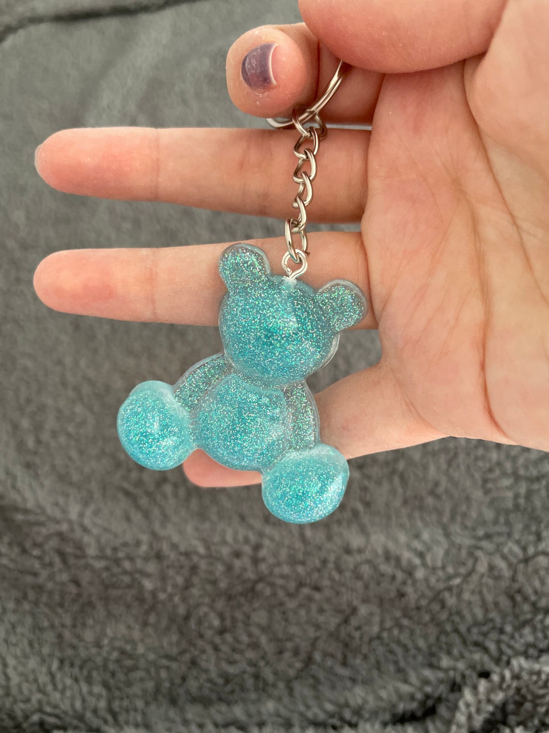 Teddy Bear Handmade Epoxy Resin Keyring, Medium, Sitting, Light Blue ...
