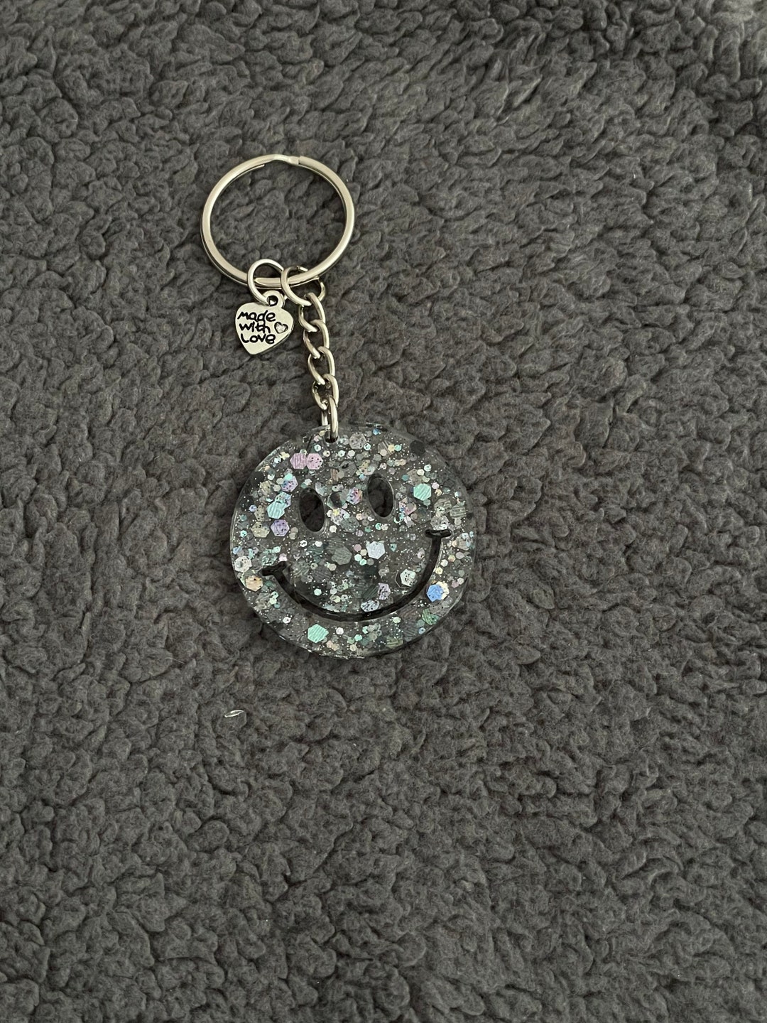 Smiley Face Handmade Epoxy Resin Keyring, Dark Grey Chunky Glitter - Etsy