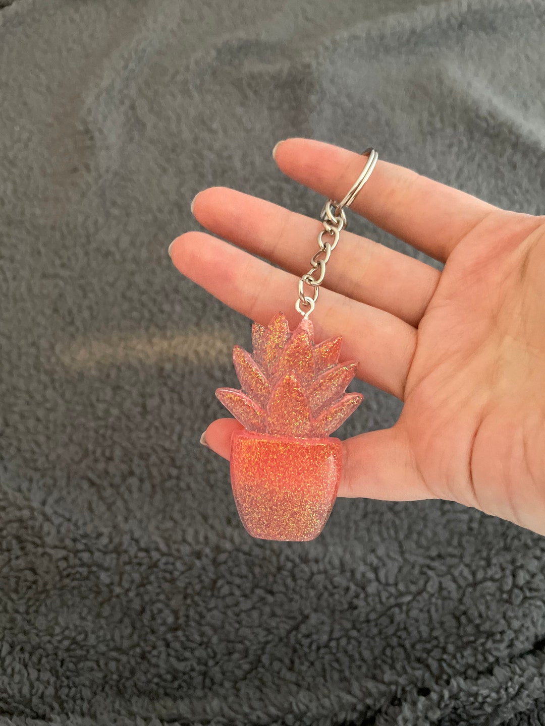 Potted Plant Handmade Epoxy Resin Keyring, Peach Fine Glitter - Etsy