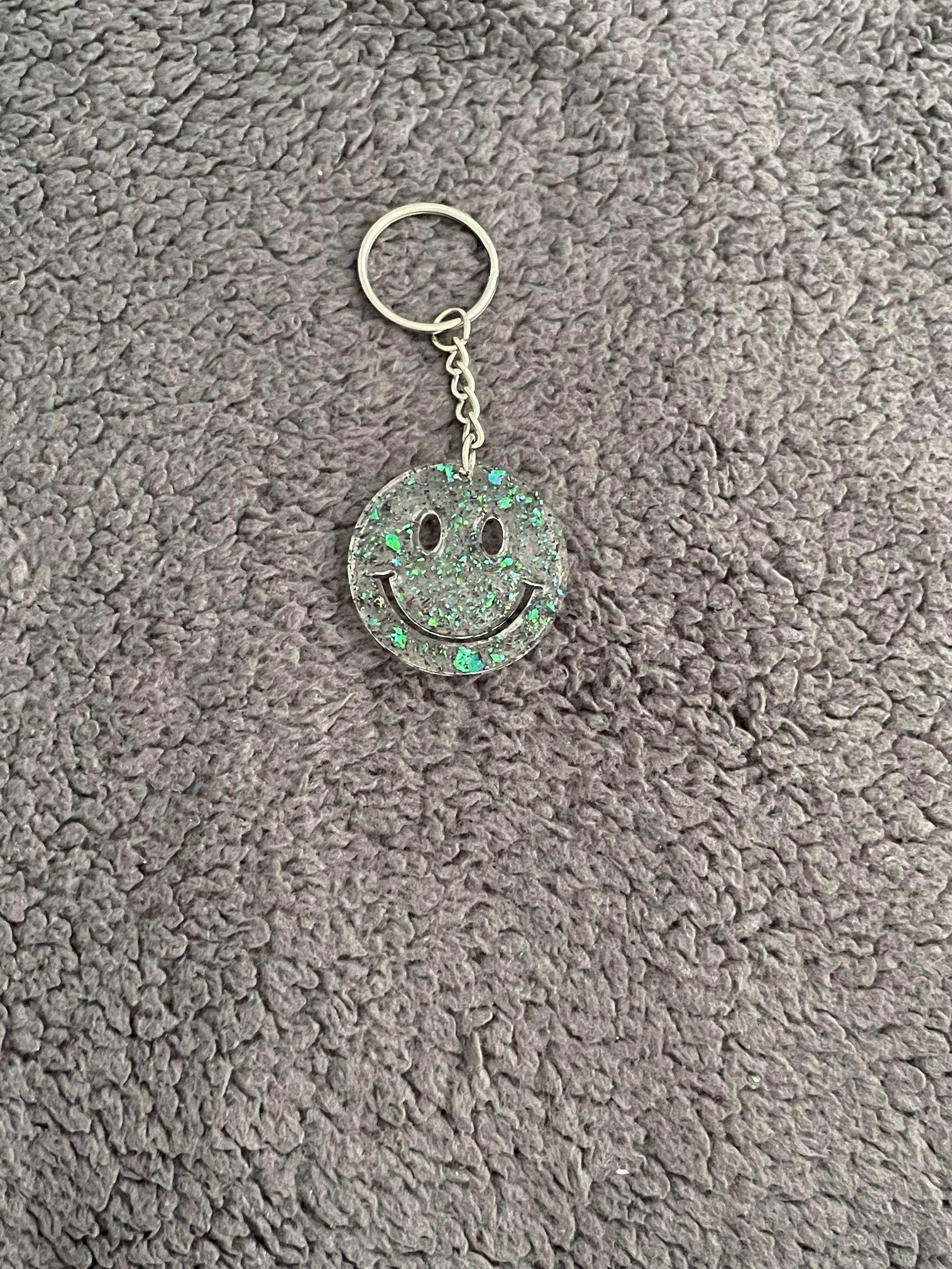 Smiley Face Handmade Epoxy Resin Keyring, Green and Purple Glitter ...