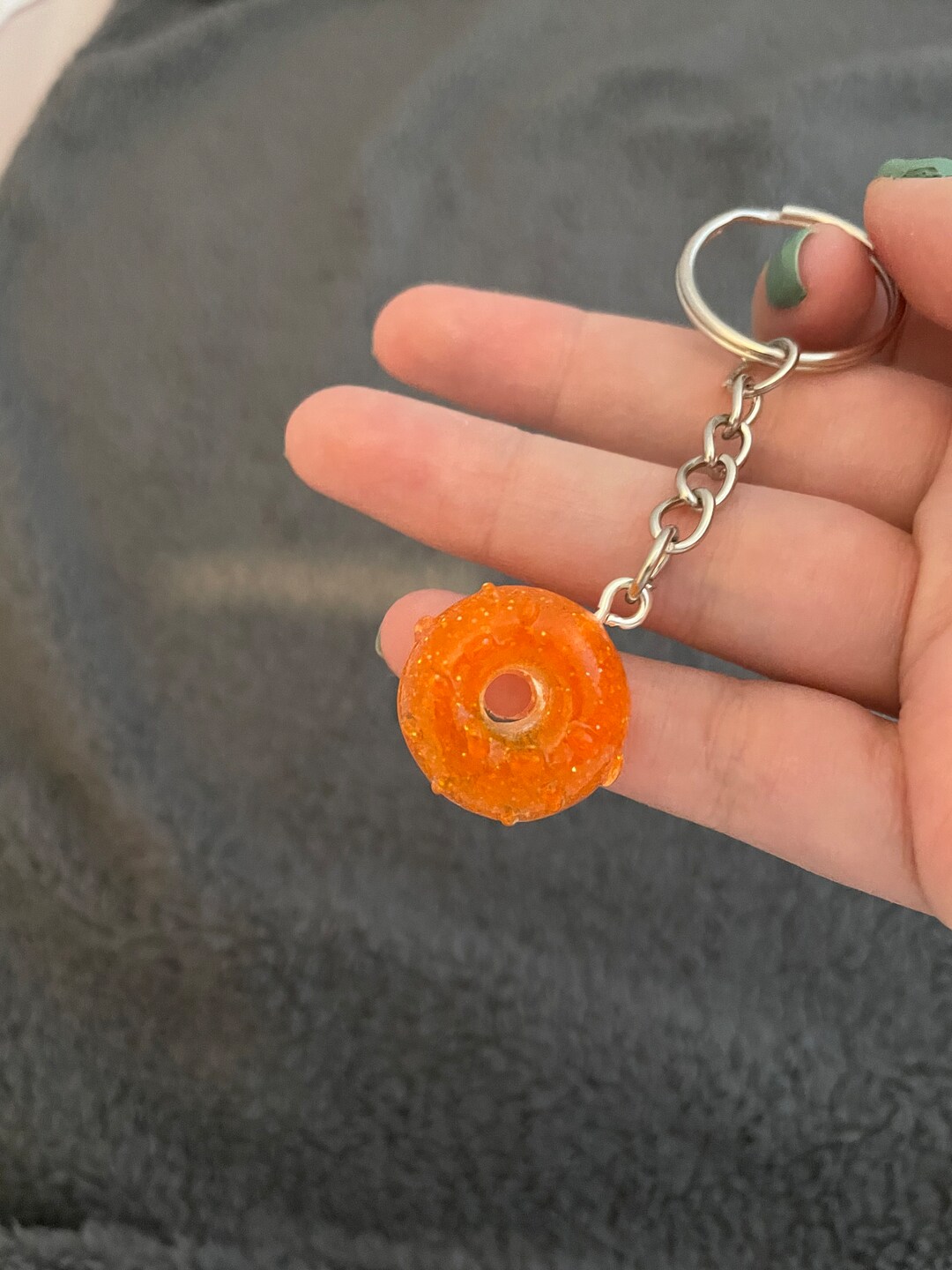 Donut Handmade Epoxy Resin Keyring, Small, Bright Orange Fine Glitter ...